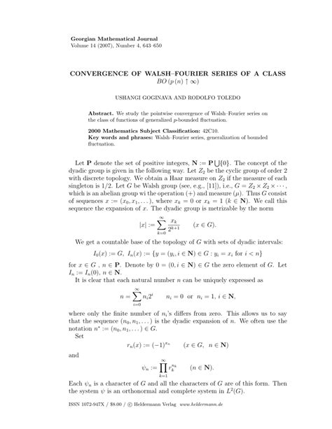 Pdf Convergence Of Walsh Fourier Series Of A Class Bopnuparrowinfty