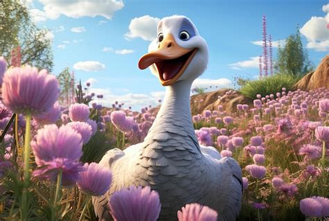An Animated Goose Looking At Flowers In The Style Of Rendered In