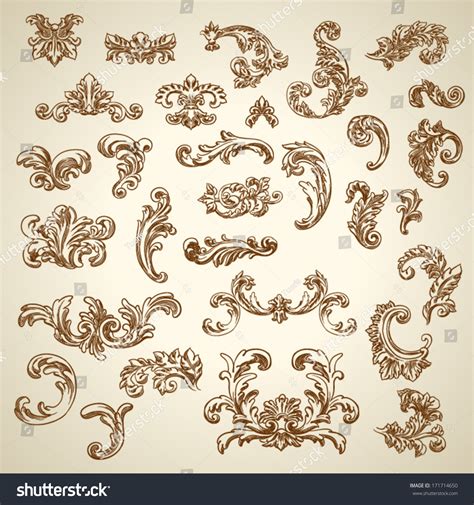 Set Vector Vintage Baroque Engraving Floral Stock Vector Royalty Free