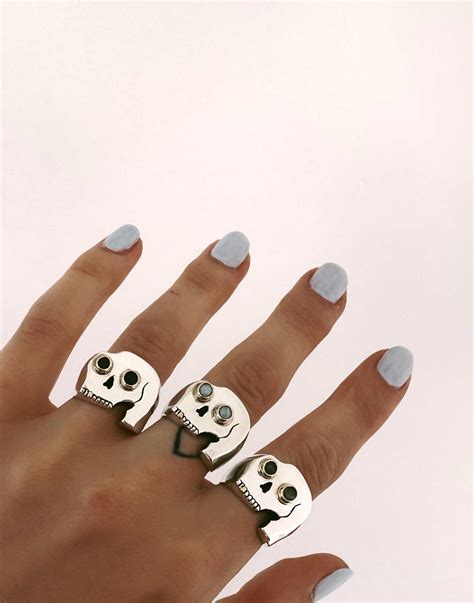 Yellow Mookaite Jasper Ogling Skull Ring In Sterling Silver Chunky