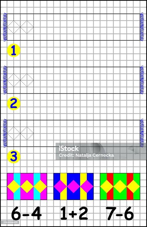 정사각형 종이에 어린이를 위한 연습 문제가 있는 교육 페이지입니다 모든 스카프에 해당하는 장식품을 그려야 합니다 숫자 세기와 그림 그리기 기술 개발 벡터 이미지입니다