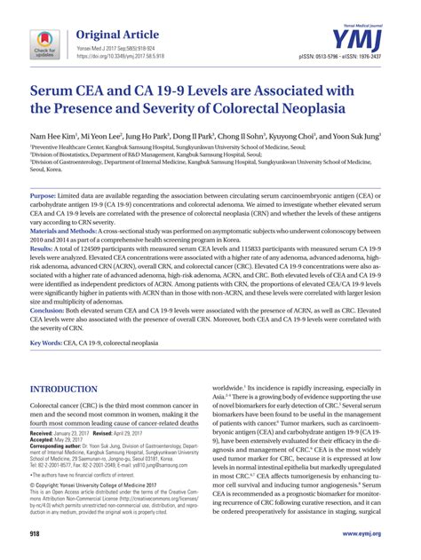 Pdf Serum Cea And Ca 19 9 Levels Are Associated With The Presence And Severity Of Colorectal