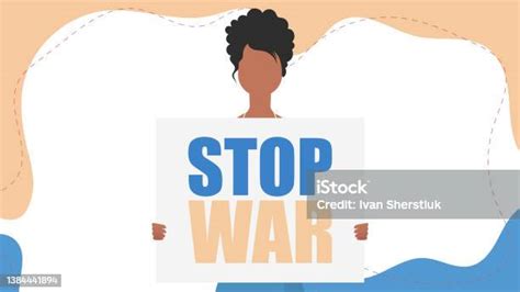 우크라이나 국적의 소녀는 비문과 함께 배너를 들고 그녀의 손에 전쟁을 중지합니다 플랫 스타일 벡터 2022년 러시아의 우크라이나 침공에 대한 스톡 벡터 아트 및 기타 이미지