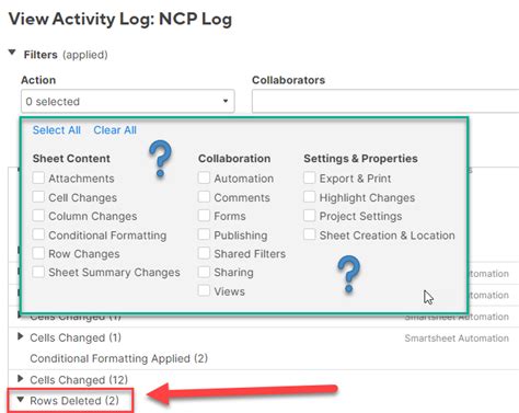activity log rows deleted filter — smartsheet community