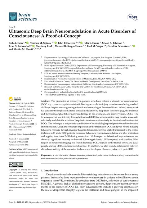 Pdf Ultrasonic Deep Brain Neuromodulation In Acute Disorders Of Consciousness A Proof Of Concept