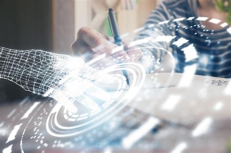 Premium Photo Double Exposure Of Hands Making Notes With Digital Coding Icons Computer