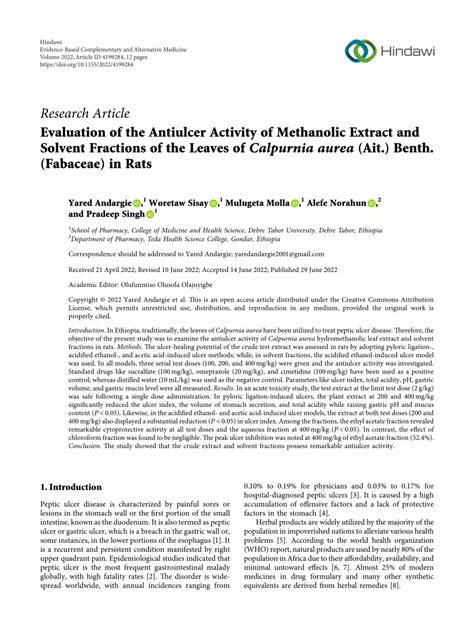 Pdf Evaluation Of The Antiulcer Activity Of Methanolic Extract And Solvent Fractions Of The