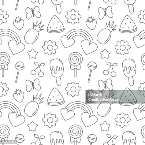 나비 꽃 신선한 과일 무지개 사탕 과자 아이스크림 및 별과 귀여운 열 대 여름 원활한 벡터 패턴 배경 그림 롤리팝에 대한 스톡 벡터 아트 및 기타 이미지 Istock