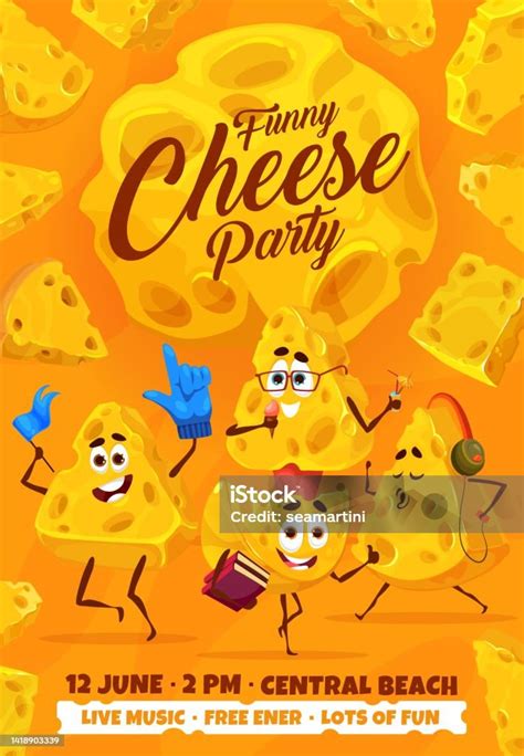 Cheese Party Flyer Cartoon Cheese Characters Fun Stock Illustration