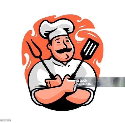 바베큐 로고를 위한 포크와 주걱을 곁들인 셰프 그릴 푸드 엠블럼 만화 캐릭터 벡터 일러스트레이션 견갑골에 대한 스톡 벡터 아트