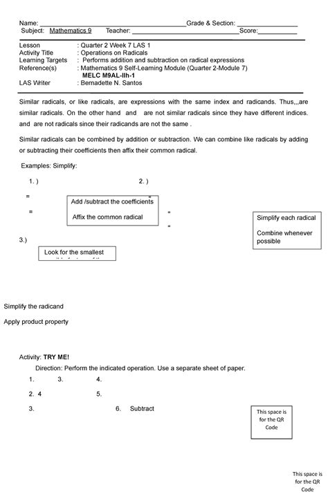 Math9 Q2 Week7 Las 1 Final Name Grade And Section