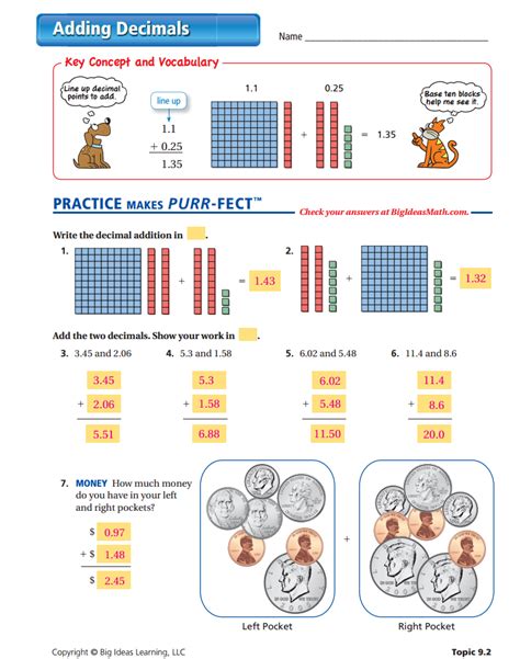 Adding Decimals Worksheet ANSWERS