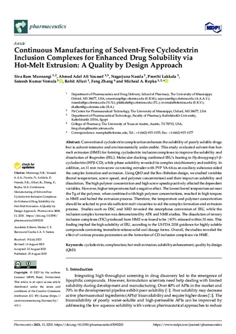 Pdf Continuous Manufacturing Of Solvent Free Cyclodextrin Inclusion Complexes For Enhanced