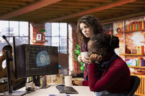 Employee Talking With Coworker In Ai Silicon Valley Workplace Stock