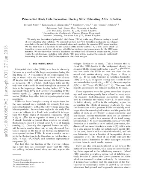 Pdf Primordial Black Hole Formation During Slow Reheating After Inflation Bernard Carr