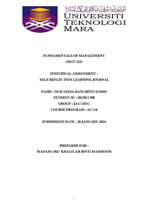 Mgt162 Self Reflection Journal Fundamentals Of Management Mgt 162
