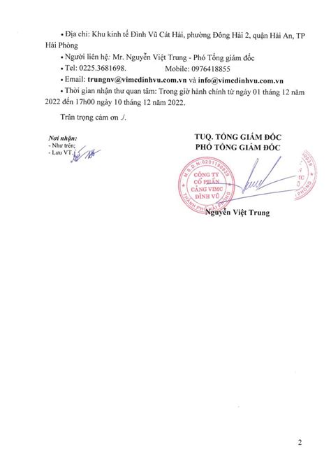 ThƯ MỜi Quan TÂm Cung CẤp DỊch VỤ Cho ThuÊ 02 CẨu BỜ Khai ThÁc TẠi CẢng Vimc ĐÌnh VŨ