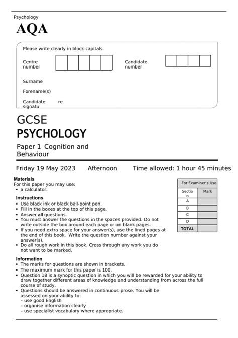 AQA GCSE PSYCHOLOGY Paper 1 and 2 JUNE 2023 QUESTION PAPERS AND MARK SCHEMES - Stuvia US