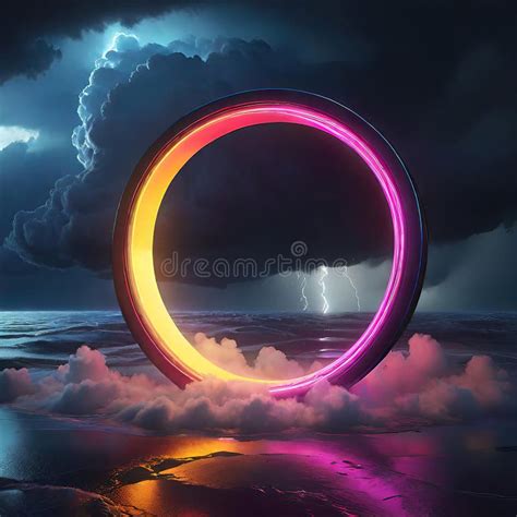 3d Render Colorful Neon Ring Glowing Inside A Thundercloud On A Dark