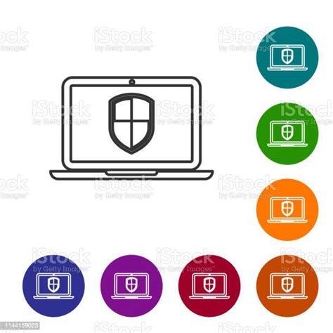 회색 노트북 방패 기호 라인 아이콘 흰색 배경에 고립 보호 인터넷 보안 개념입니다 Pc 보안 방화벽 기술 개인 정보 보호 안전 벡터 일러스트 0명에 대한 스톡 벡터 아트 및