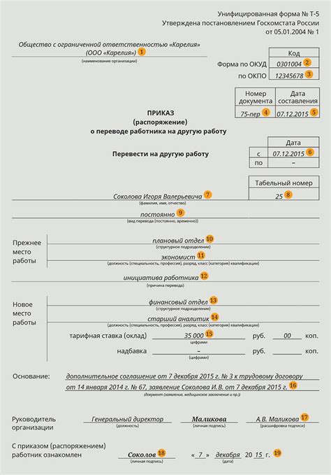 Приказ о переводе Кадровое дело № 12 декабрь 2015