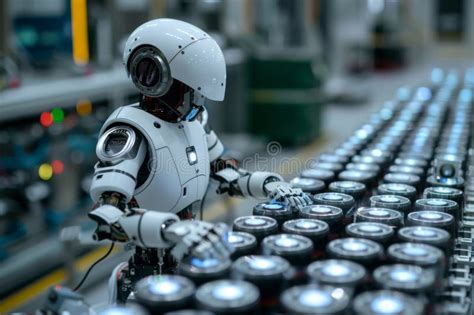 futuristic robot performing battery testing in a modern laboratory setting stock image image