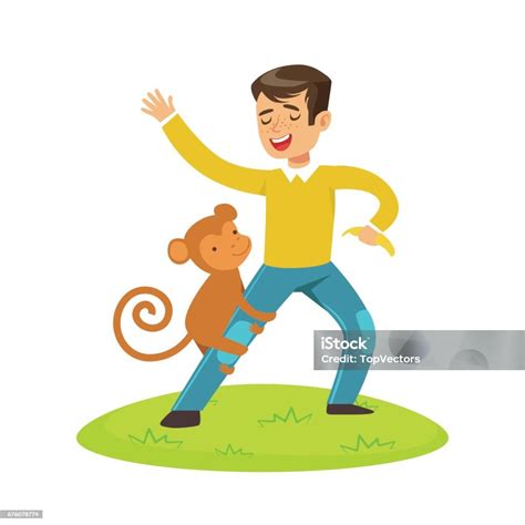 서 고 원숭이 야외가지고 노는 귀여운 행복 한 소년 화려한 만화 캐릭터 벡터 일러스트 레이 션 공연에 대한 스톡 벡터 아트 및 기타 이미지 Istock