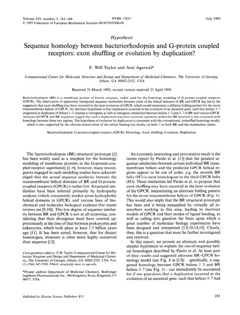 Pdf Sequence Homology Between Bacteriorhodopsin And G Protein Coupled