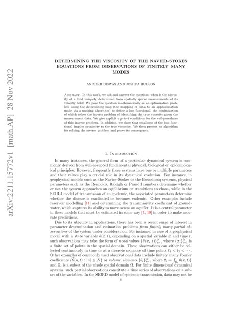 Pdf Determining The Viscosity Of The Navier Stokes Equations From Observations Of Finitely
