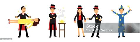 검은 양복을 입고 모자를 쓴 남자 마술사가 무대 벡터 세트에서 마술을 선보인다 마술사에 대한 스톡 벡터 아트 및 기타 이미지 마술사 남자 Performing Arts