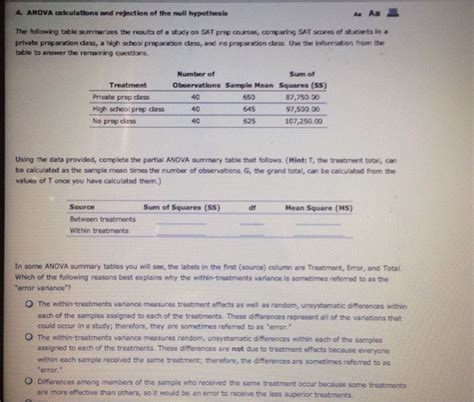 Solved ANOVA Alculations And Rejection Of The Null Chegg