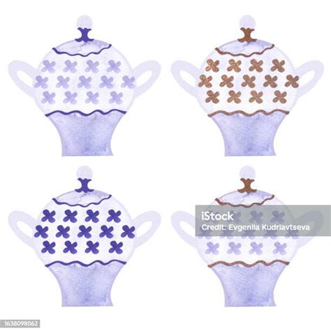 금색 장식과 푸른 꽃으로 고전적인 스타일로 차를 마시는 설탕 그릇 세트 흰색 배경에 고립된 수채화 그림 클립 아트 티 파티 또는