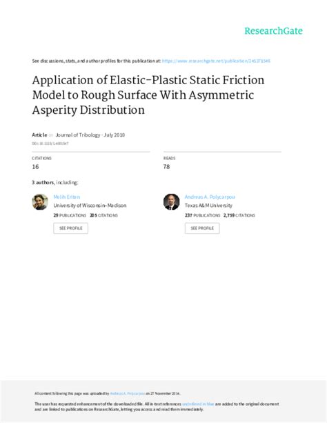 Pdf Application Of Elastic Plastic Static Friction Models To Rough Surfaces With Asymmetric