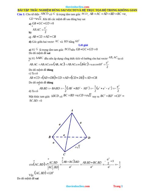 thuvienhoclieu.com-70-Bai-tap-trac-nghiem-DUNG-SAI-vecto-va-he-truc-toa-do-trong-khong-gian- | PDF