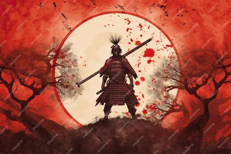 Um Guerreiro Samurai Japonês Em Círculo Com Um Sol Vermelho Papel De