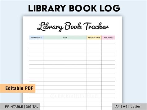 Library Book Tracker Printable Book Log Library Book Etsy Australia