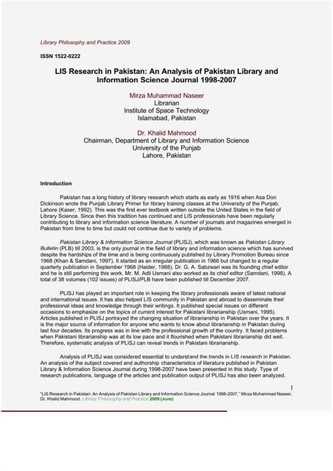 pdf lis research in pakistan an analysis of pakistan library and