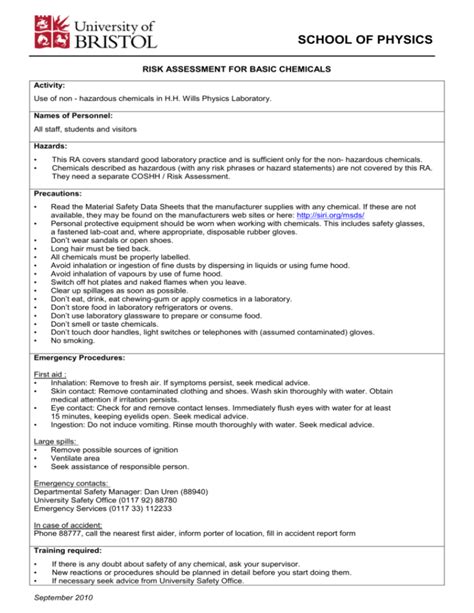 Risk Assessment Basic Chemicals In Physics Lab