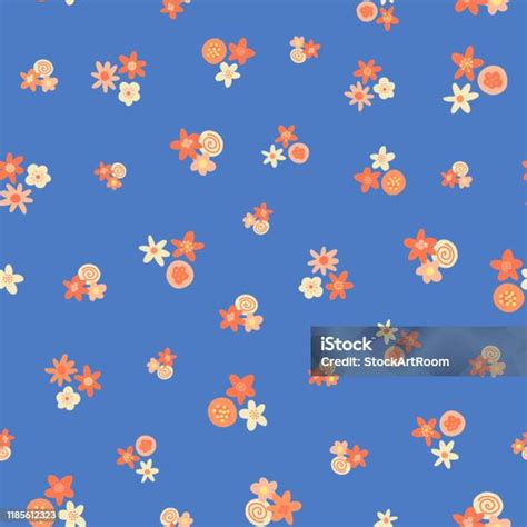 Ditsy 여름 꽃 벡터 패턴입니다 로얄 블루 원활한 벡터 배경에 흩어져 있는 오렌지 핑크 노란색 꽃 스칸디나비아 스타일의 플랫 플라워 텍스처 직물 어린이 장식 디지털