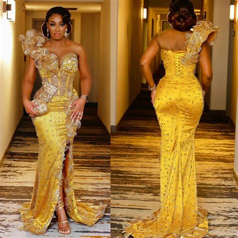 Gold Plus Size Aso Ebi Prom Dress For Black Women Illusion Illusion