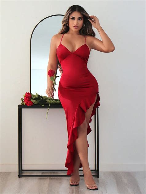 Shein Sxy Womens Sexy Red Halter Backless Evening Dress With Ruffle