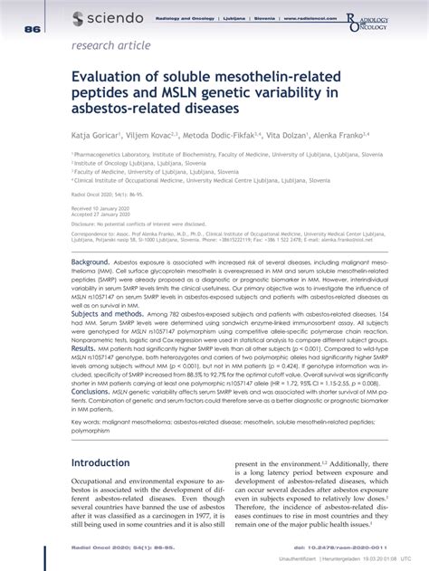 Pdf Evaluation Of Soluble Mesothelin Related Peptides And Msln