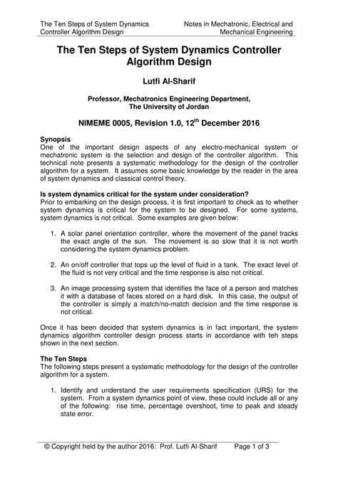 Pdf The Ten Steps Of System Dynamics Controller Algorithm Design