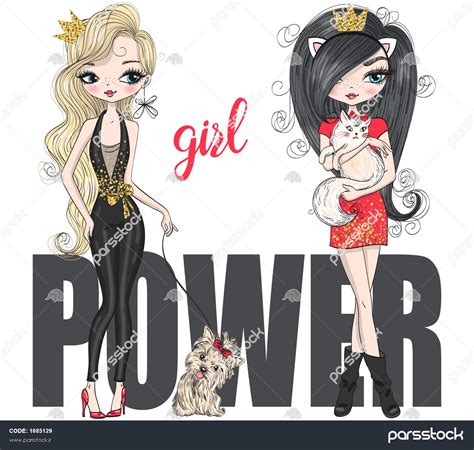 دو دست کشیده شده زیبا و زیبای کارتونی دختران قدرتمند مد با سگ و گربه