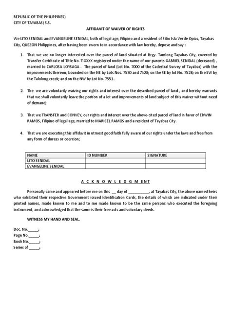 Affidavit Waiver Of Rights Sample 1 Pdf