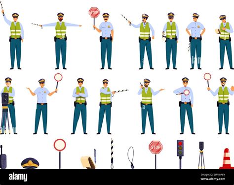 Traffic Controller Icons Set Cartoon Vector Policeman Road Inspector