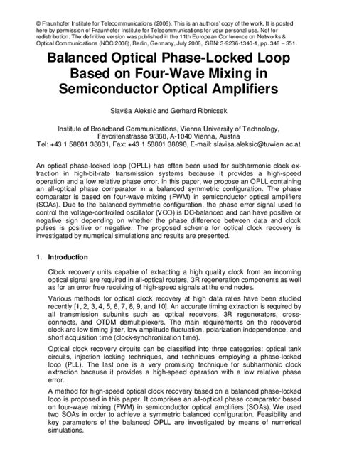 Pdf Balanced Optical Phase Locked Loop Based On Four Wave Mixing In Semiconductor Optical