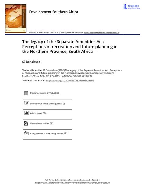 The Legacy Of The Separate Amenities Act Perceptions Of Recreation And