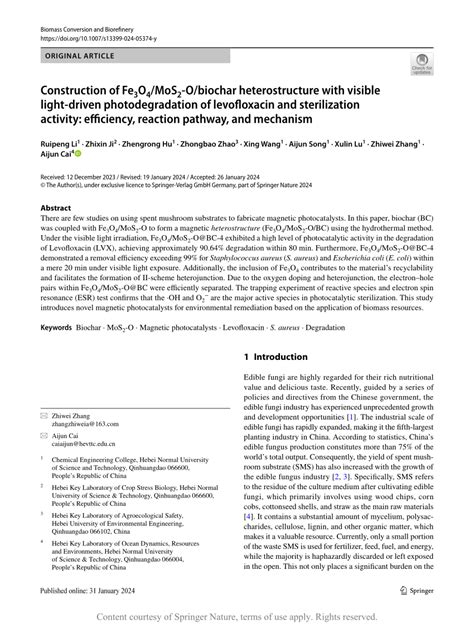 Construction Of Fe3o4mos2 Obiochar Heterostructure With Visible Light Driven Photodegradation