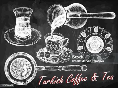칠판에 고립 된 유리 컵에 터키차와 커피의 분필 그리기 세트 0명에 대한 스톡 벡터 아트 및 기타 이미지 0명 구이 달콤한 음식 Istock